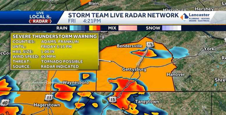 Severe thunderstorm warning in Adams, Franklin counties