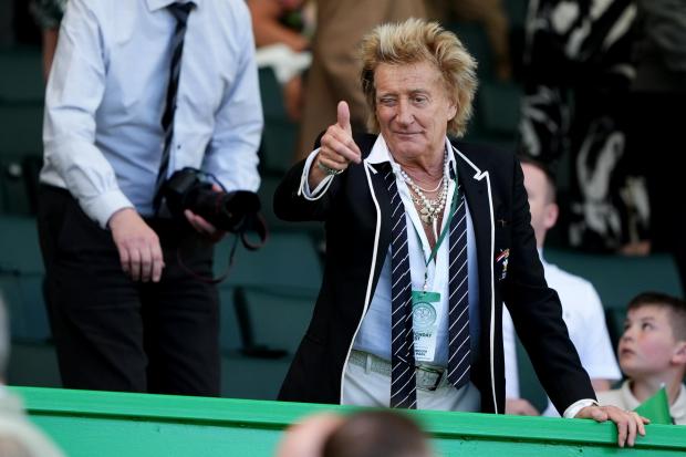 Sir Rod Stewart pictured donning fancy chains at Celtic Park on trophy day