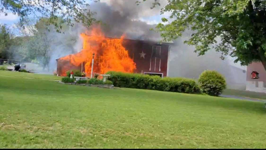 Barn engulfed in flames in Lebanon County