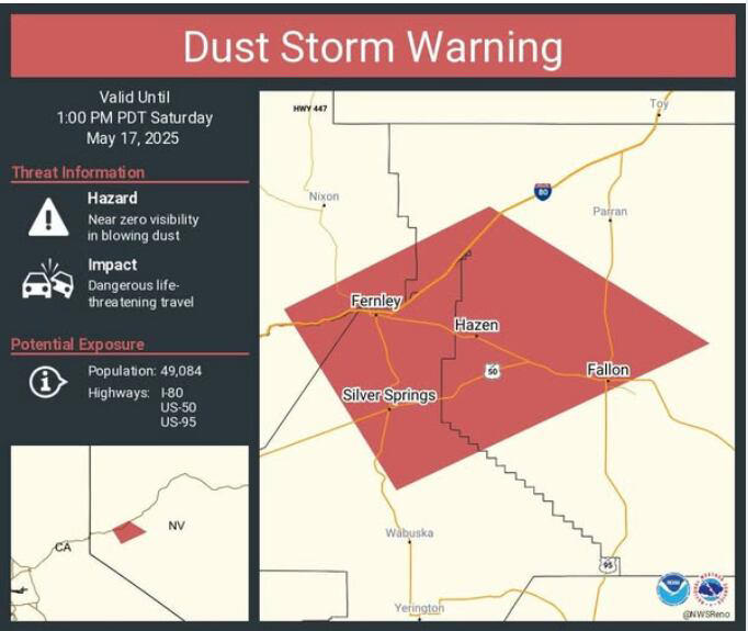Dust storm warning for Fernley, Fallon areas