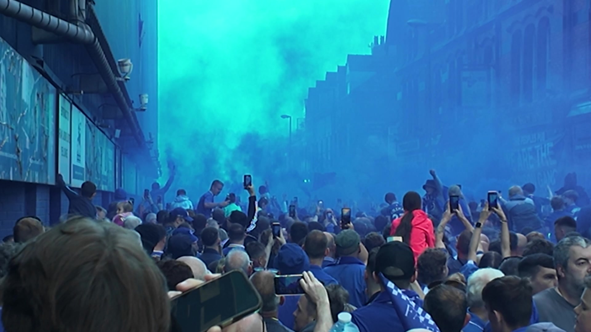 Everton fans turn the air blue with flares in Goodison farewell celebration