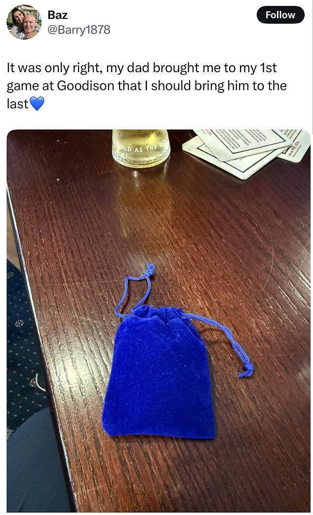 Emotional Everton fan brings his father's ASHES to Goodison Park for ...