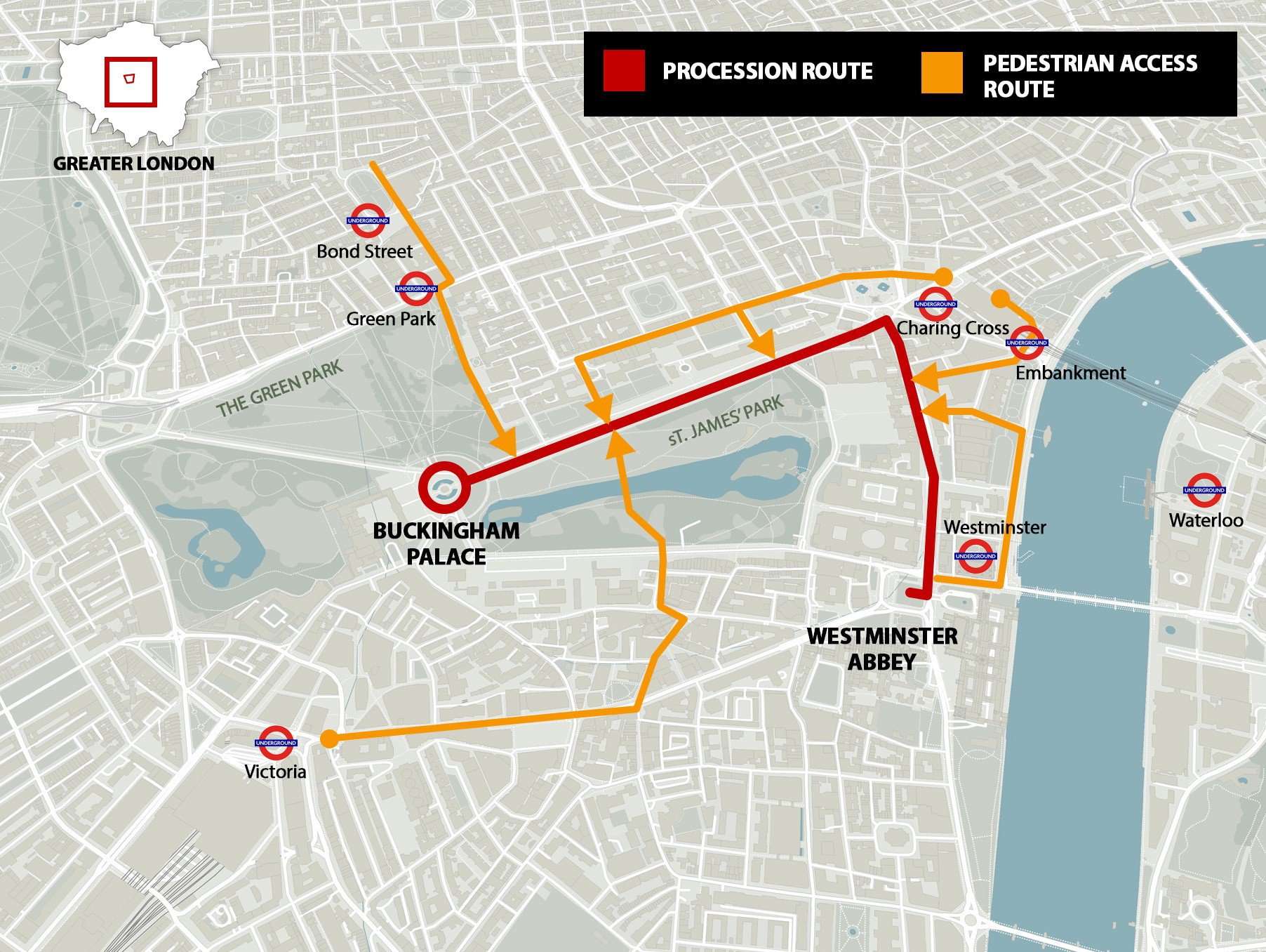 Map shows VE Day 2025 parade route through central London