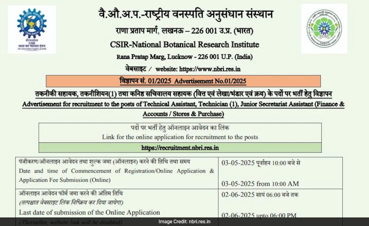 CSIR NBRI Recruitment 2025: Registration Begins For Various Posts ...