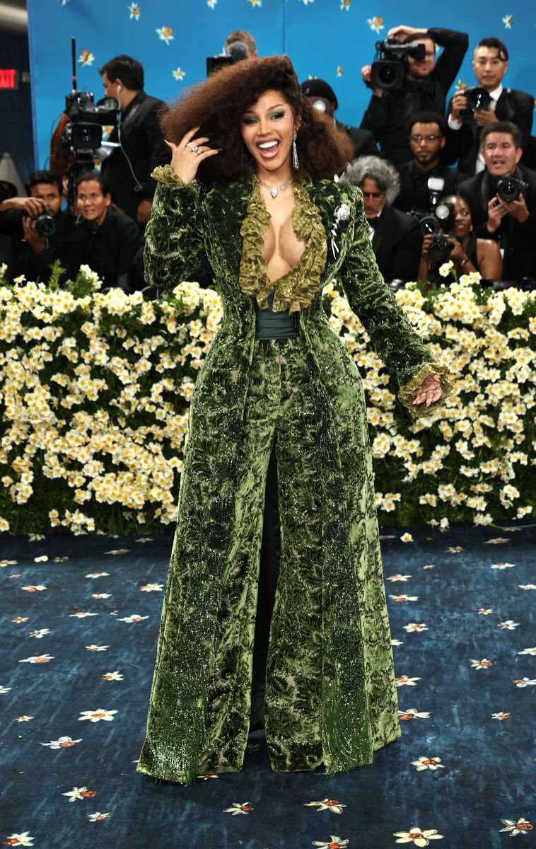 Cardi B Trades Her Gowns for a Green Velvet Suit on the Met Gala Red Carpet