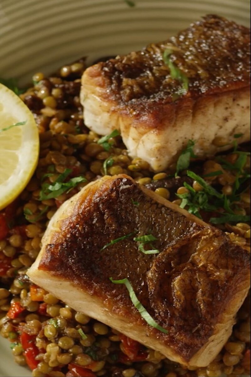 Pan-seared pickerel with lentils and sweet savory sauce