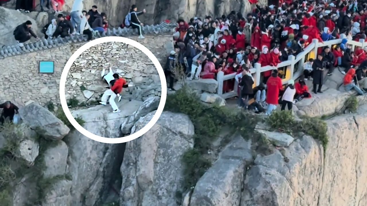 Couple nearly falls off cliff after risky shortcut at Mount Tai