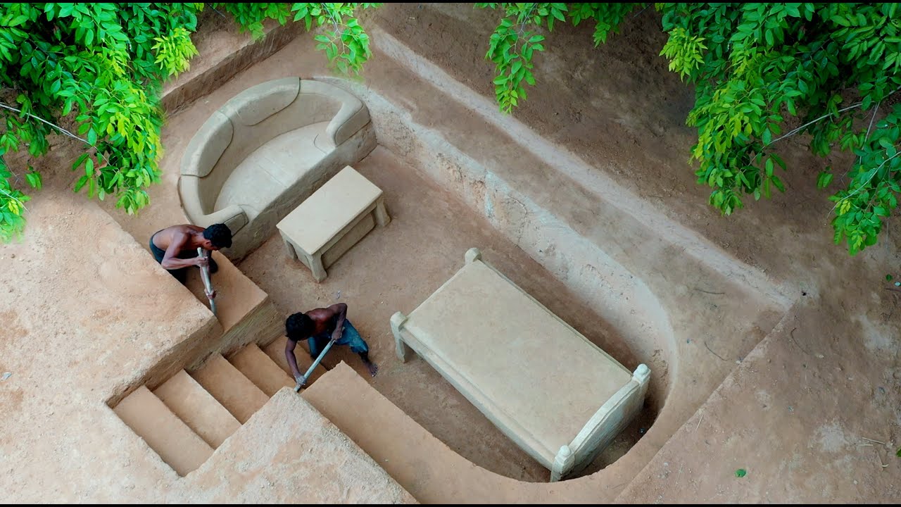 We Built a Private Underground Living Room – Primitive Design!