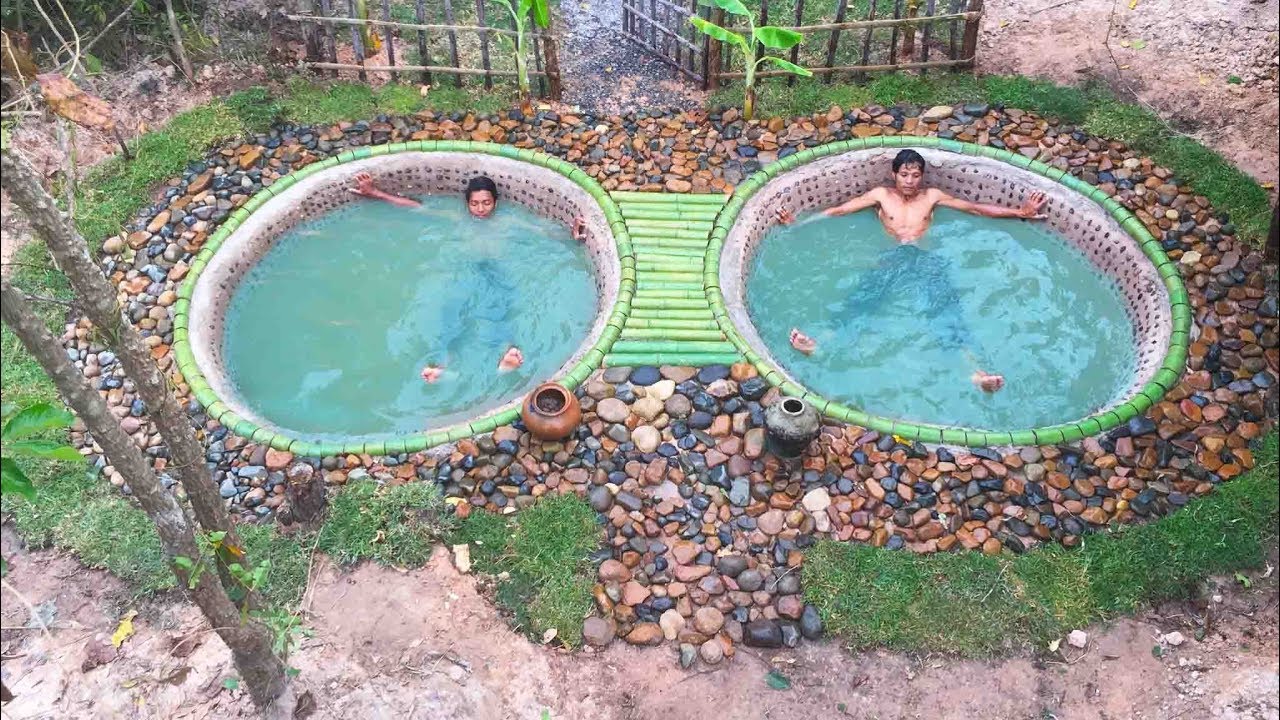 Building jungle stone house with two pools