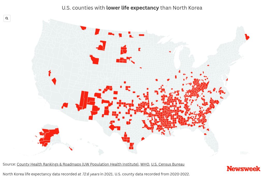 Map Shows US Counties With Life Expectancy Below North Korea's