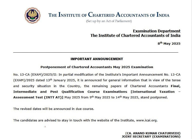ICAI Postpones Remaining CA May 2025 Exams Amid India-Pakistan Tensions ...