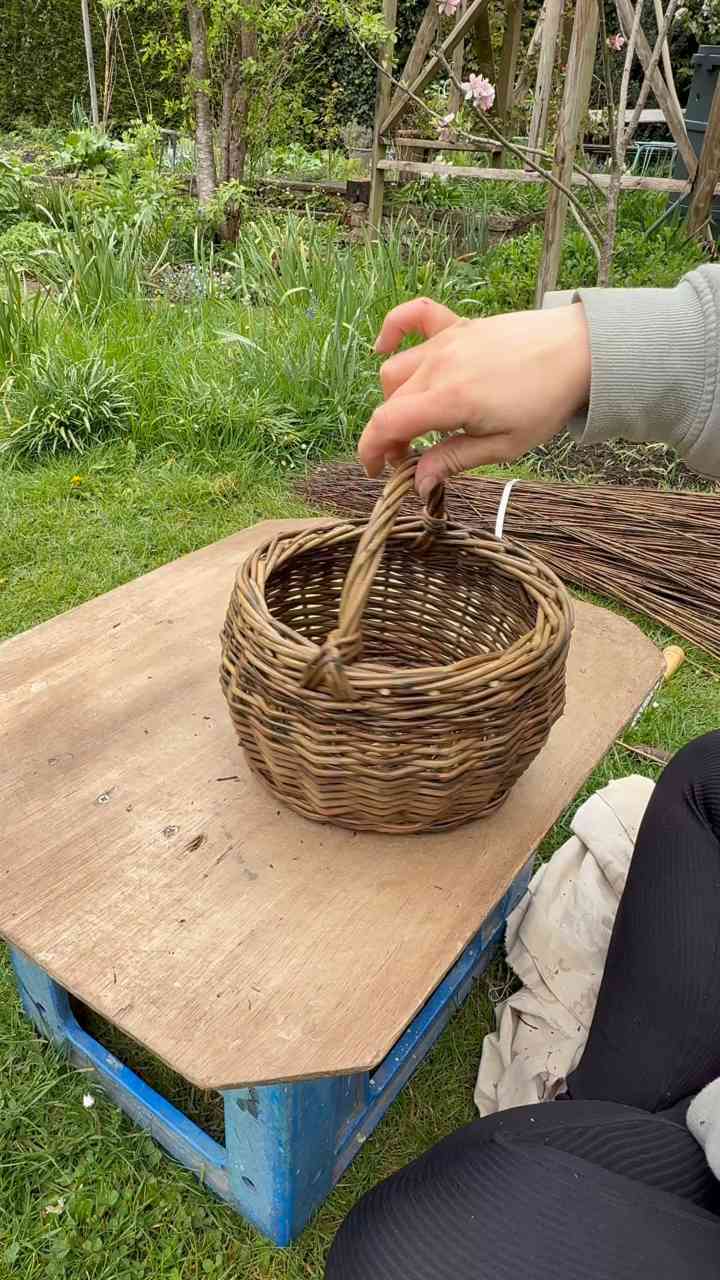 Weaving a Willow Basket in a Serene Garden Setting