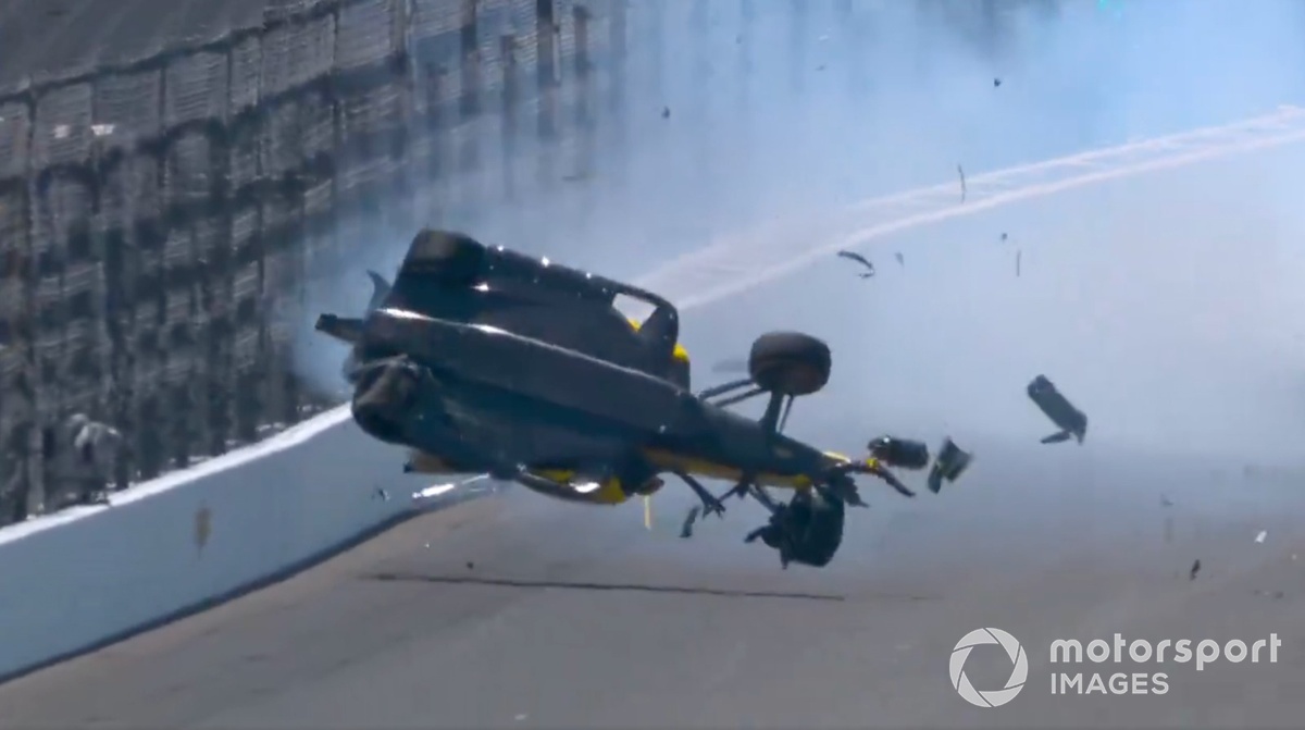 Scott McLaughlin damages track and wall in heavy airborne Indy crash