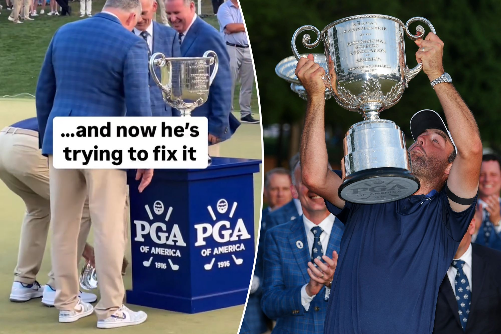 Scottie Scheffler has awkward trophy mishap during PGA Championship ...