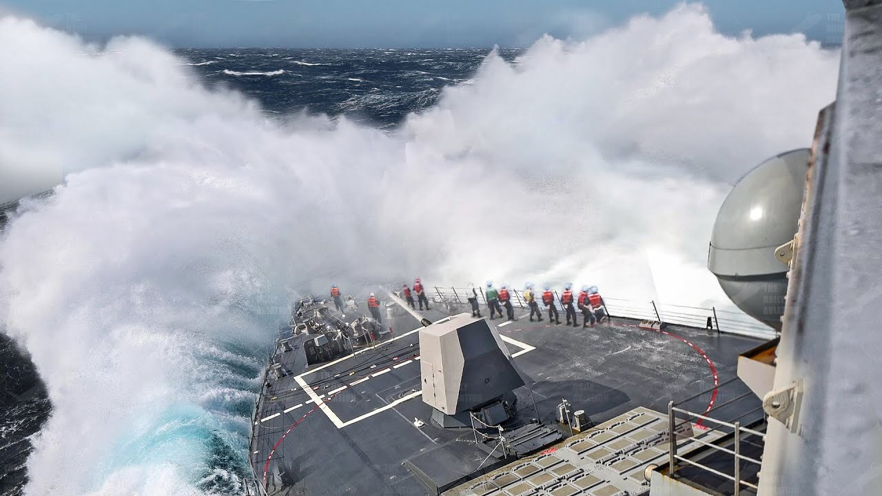 US Billion $ Warship Battles Monstrous Waves During Rough Weather at Sea