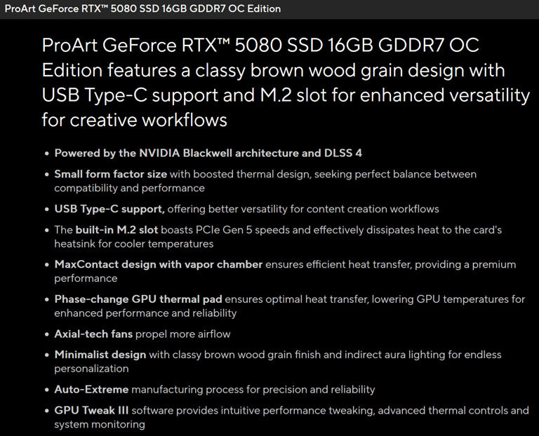 Asus RTX 5080 ProArt comes with a wood grain finish and M.2 slot option