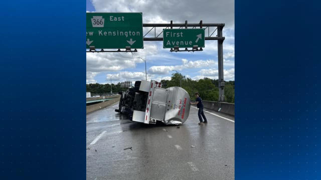 Water truck rolls over, partially shuts down Tarentum Bridge