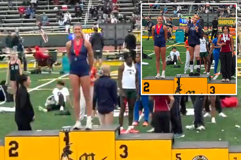 High school female track star poses on first-place podium after ...