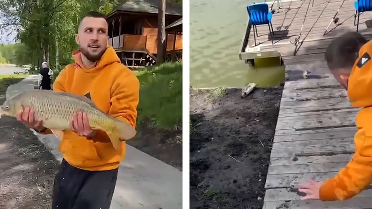 Hilarious moment clumsy fisherman loses huge catch