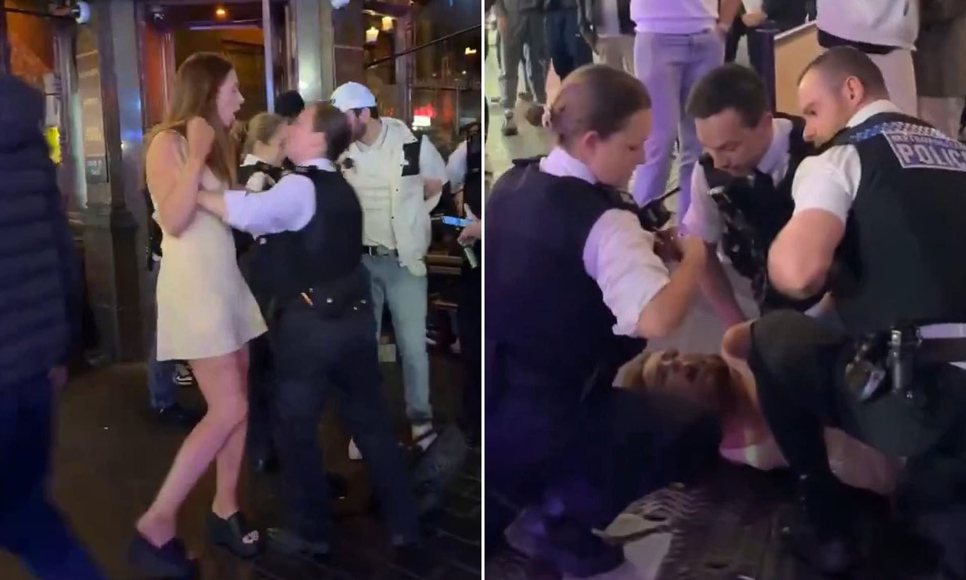Moment rowdy drinker is tackled to the floor and handcuffed by cops ...