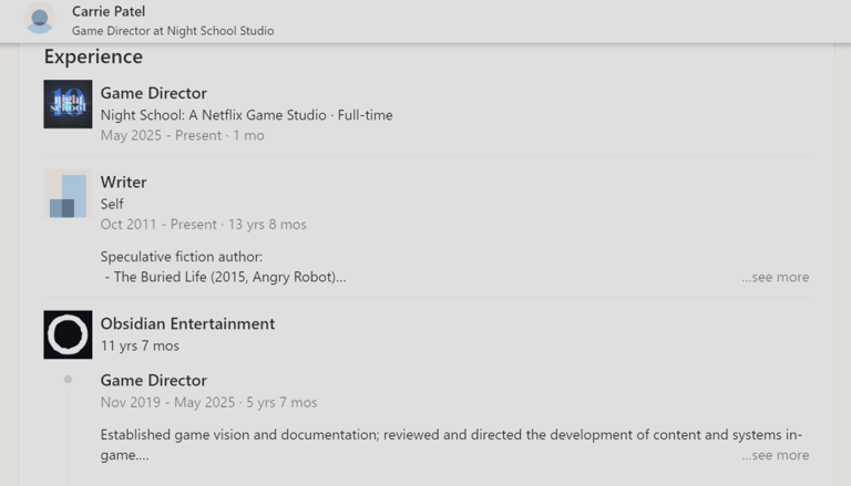 Carrie Patel has left Obsidian for a Netflix studio