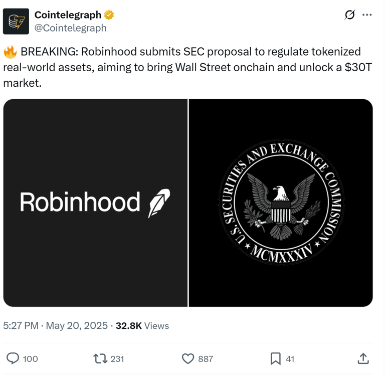 Robinhood proposes SEC rules for tokenized real-world assets
