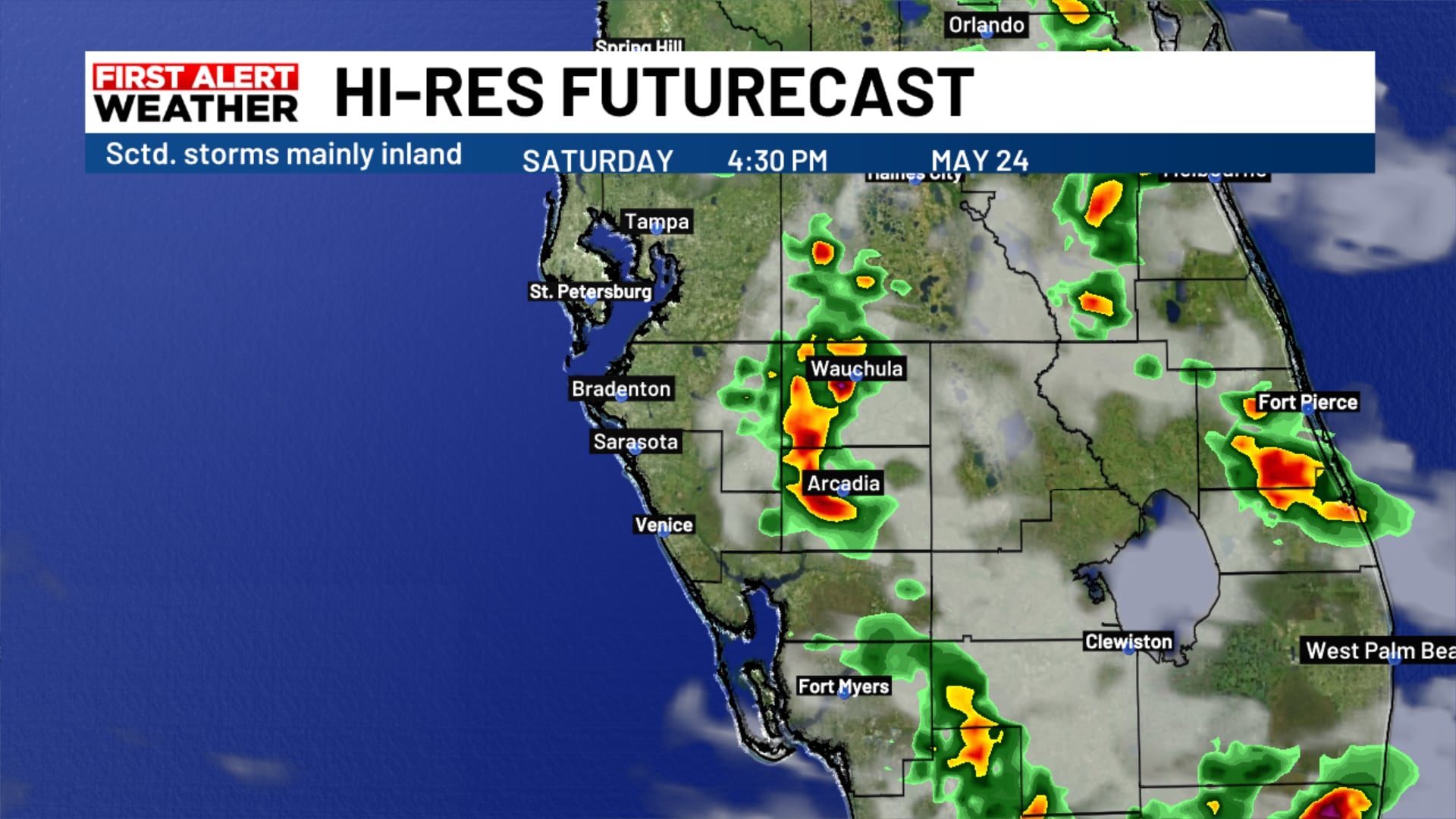 Hot and sticky with inland storms mainly