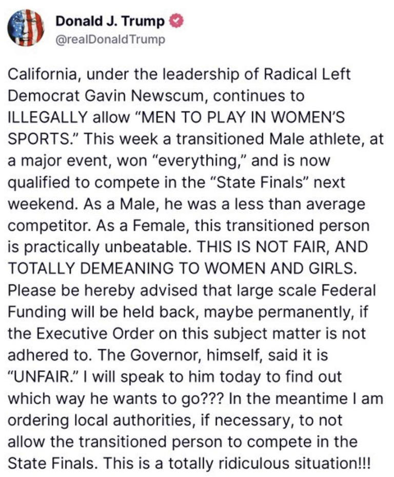Donald Trump threatens strong action against California over trans ...