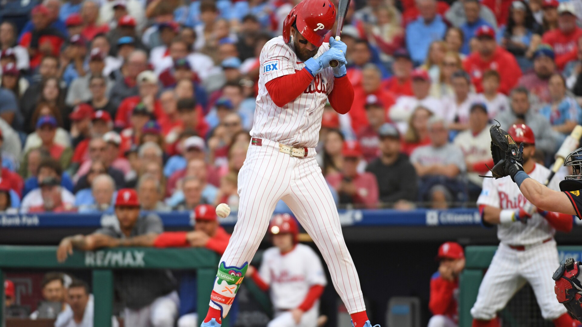 Phillies star Bryce Harper leaves game with bruised elbow when hit by ...