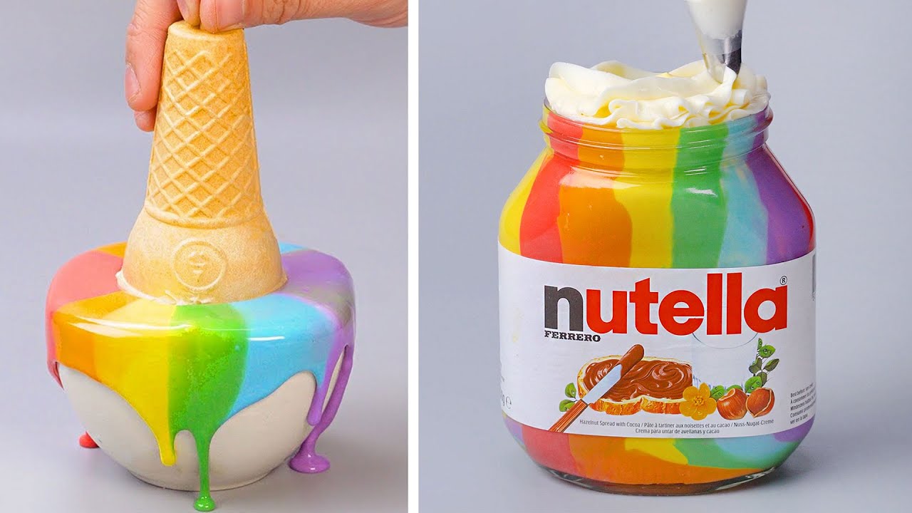 Hoe Maak Je Regenboog Nutella & IJshoorn Cake 🌈🍦 | Esthetische & Virale ...