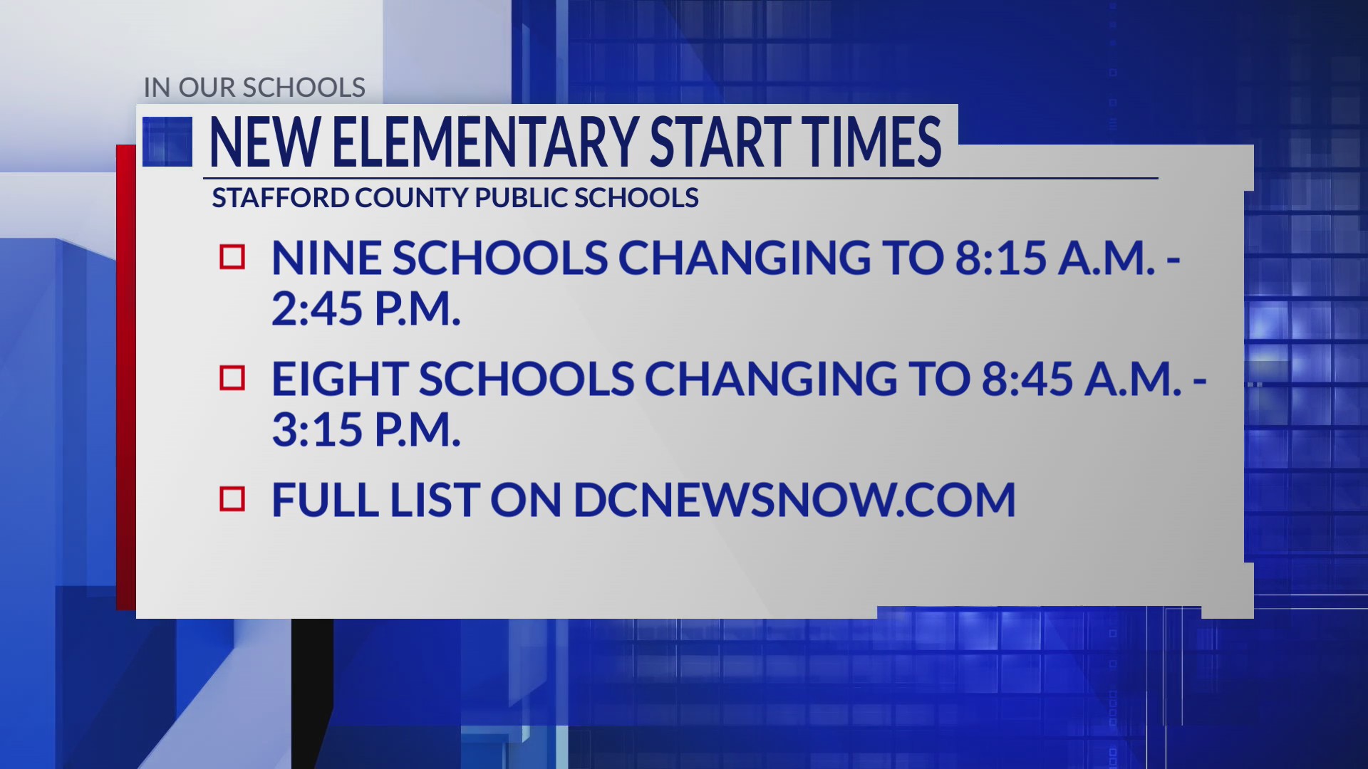 Stafford County Public Schools to adjust elementary school start times