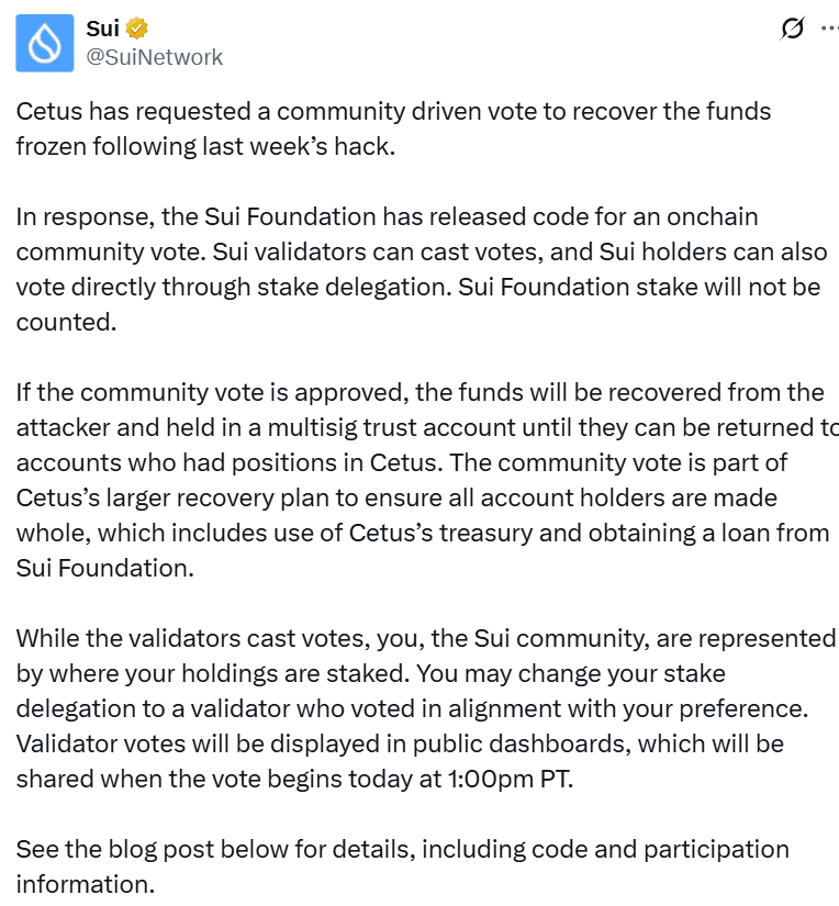 Sui validators vote on $162M Cetus recovery plan to restore user funds