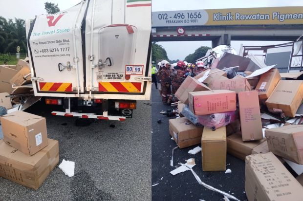 Box-laden lorry overturns on NSE, Bomba frees trapped attendant from ...