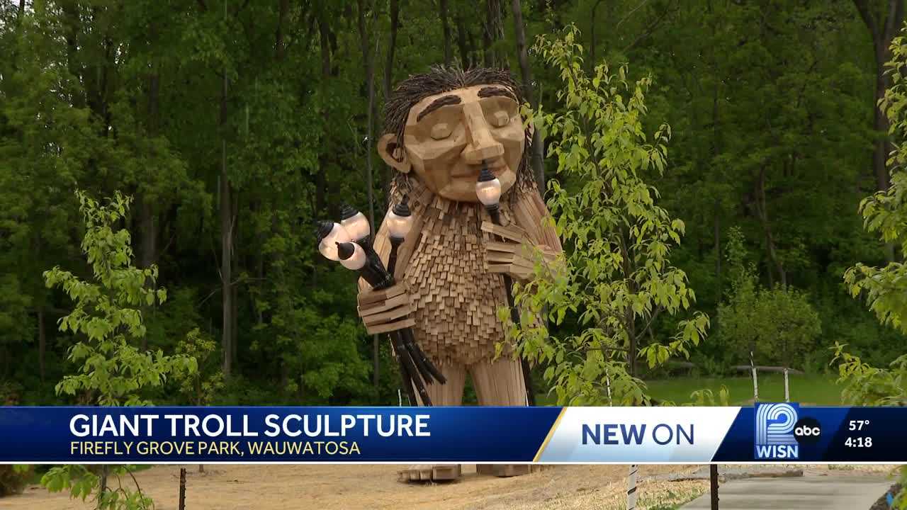 Giant troll sculpture unveiled at Wauwatosa's brand new Firefly Grove Park