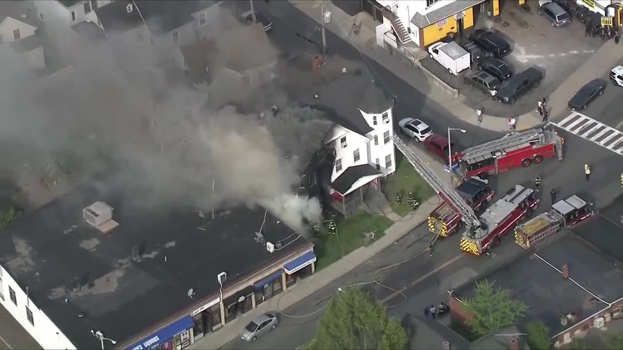 Sky5 over Ferry Street fire in Malden, Mass.
