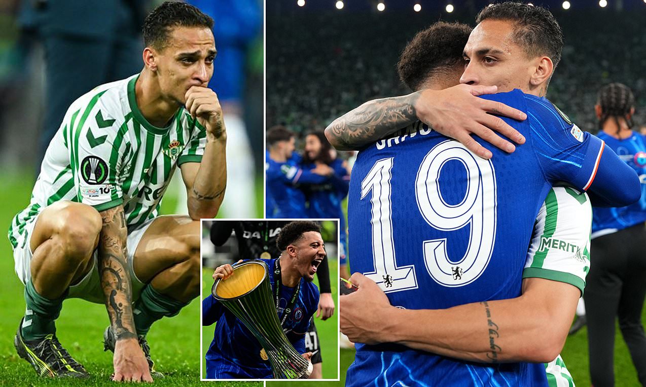 Tearful Antony is consoled by his former Man United team-mate Jadon ...