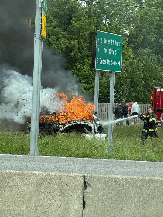 Two people hospitalized after fiery crash near I-49 in Grandview, police say