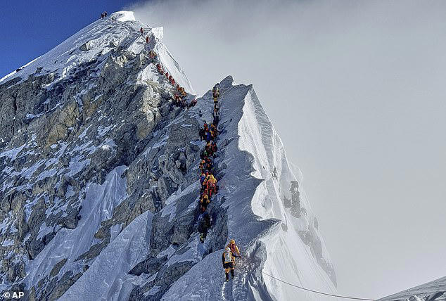 The queue at the top of the world: Dozens of climbers wait to reach the ...