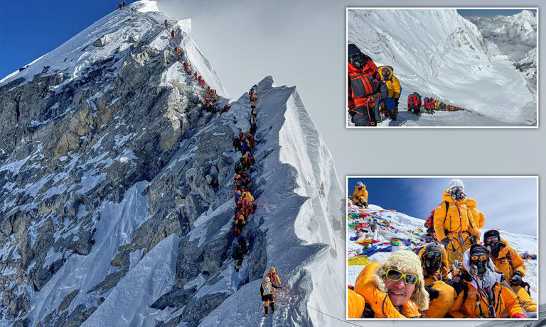 The queue at the top of the world: Dozens of climbers wait to reach the top of Mount Everest