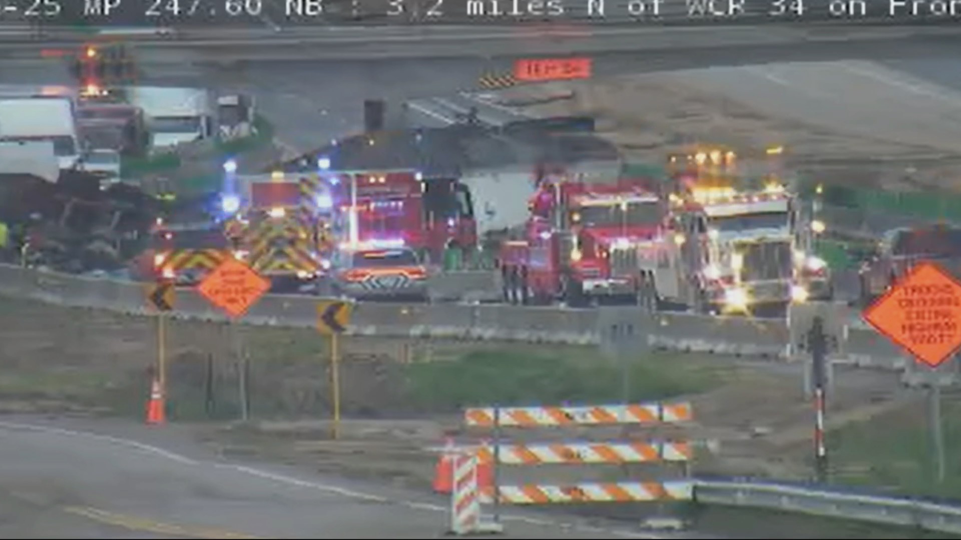 I-25 closed in both directions in Northern Colorado after semi crash