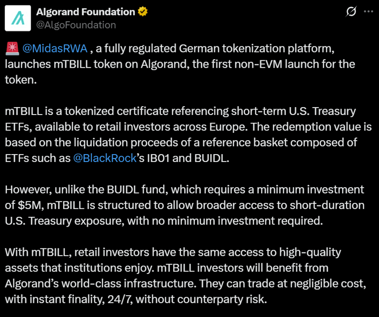 Midas launches tokenized T-Bill on Algorand