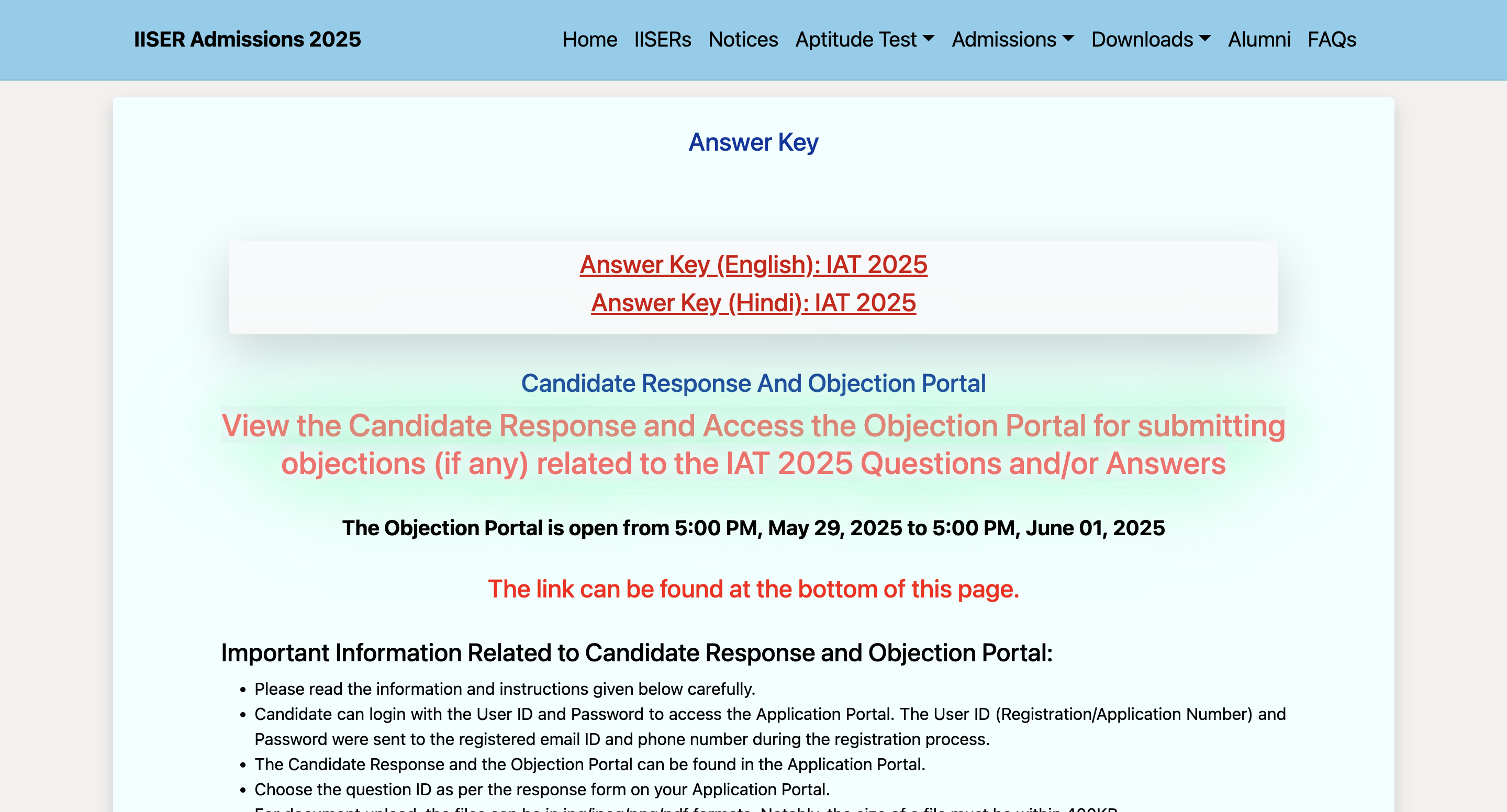 IISER IAT answer key 2025 objection window opens at iiseradmission.in ...