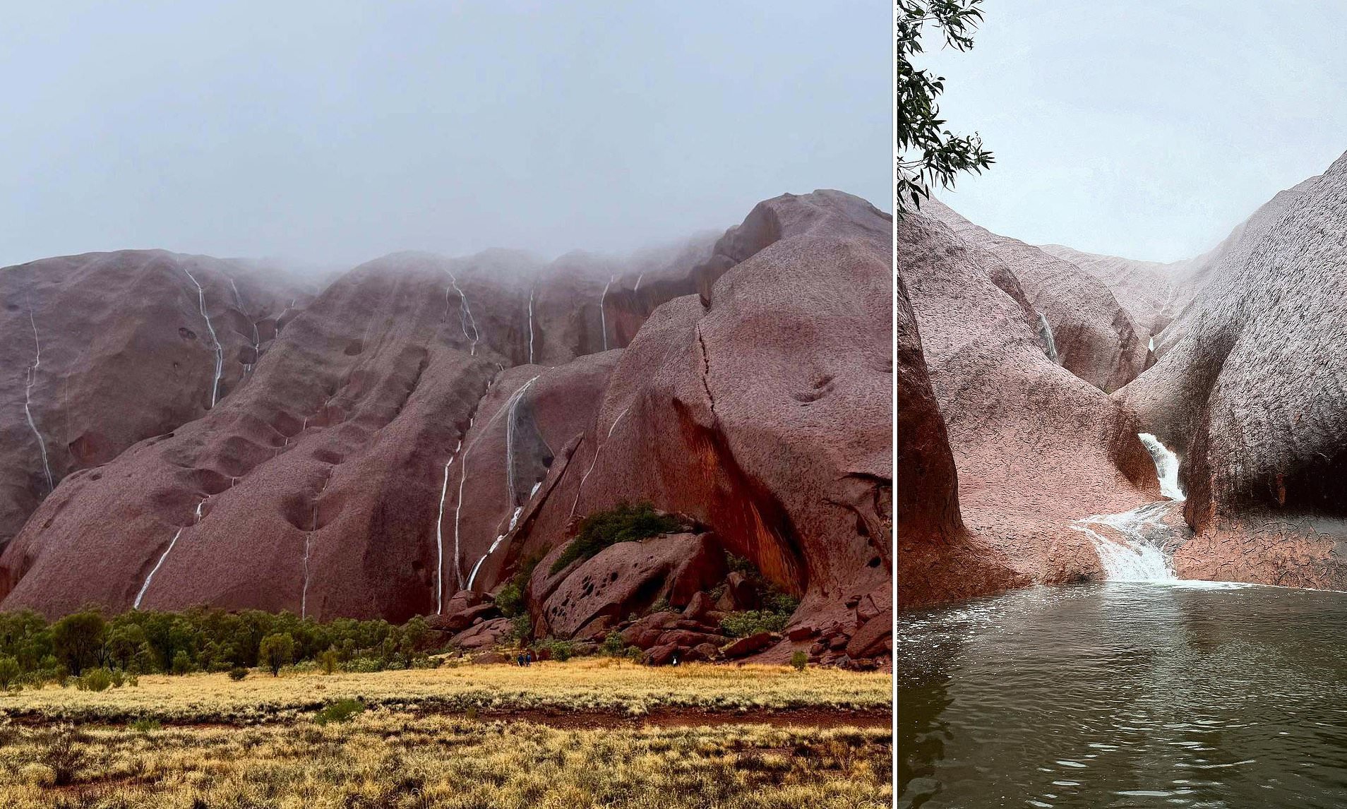 Stunning photos capture the rare moment water cascades down Uluru