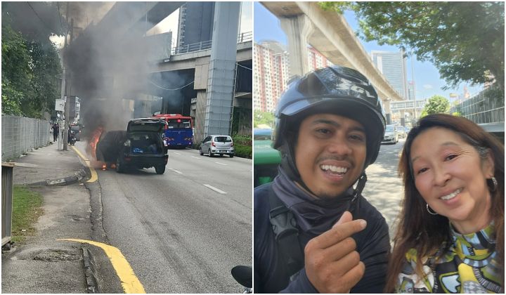 Vehicle Catches Fire On Jalan Bangsar, Abang Grab Comes To The Rescue
