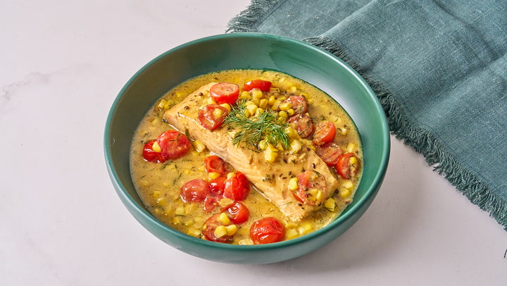 How to Make Coconut-Poached Salmon with Corn and Dill