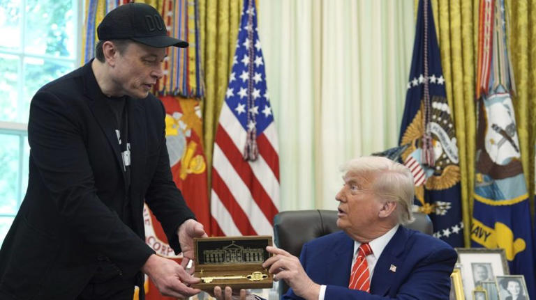 Trump gifts Musk gold key to White House in Oval Office sendoff