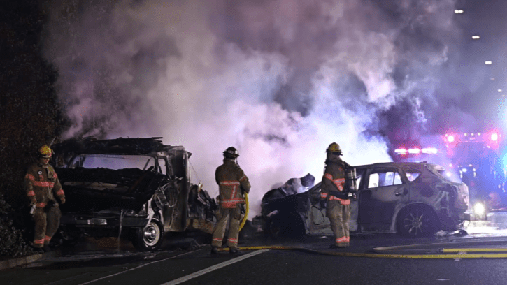 Car, camper engulfed in flames in Northeast Portland crash
