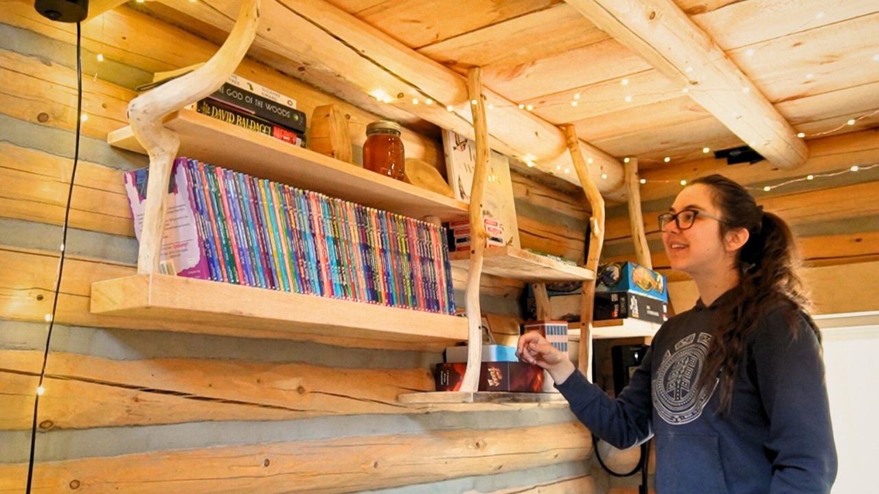 Building rustic bookshelves inside our Log Cabin | Maple Syrup season ...