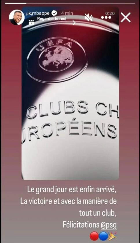 Mbappé salue le sacre en LDC : « Félicitations, PSG
