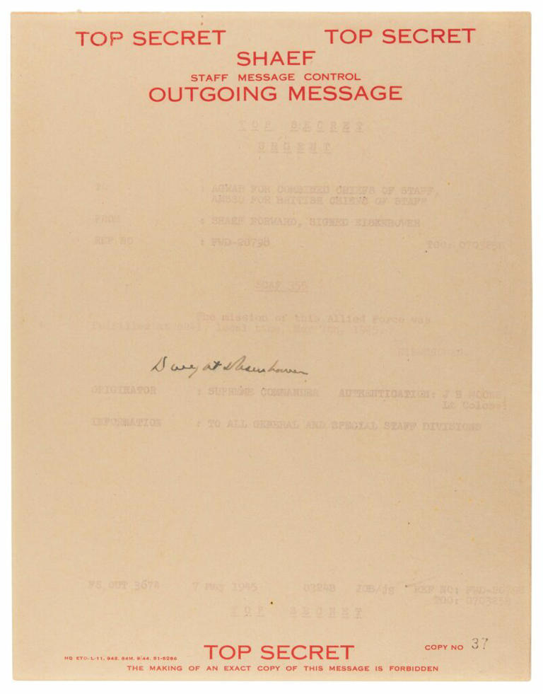 President Eisenhower’s secret message announcing Europe victory set to ...
